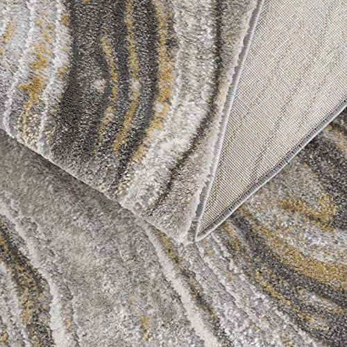 Hauteloom Liverpool Modern Abstract Bedroom Living Room Area Rug - Marble Swirl Pattern - Contemporary Bohemian Farmhouse - Light Grey, Dark Grey, Yellow - 5'3" x 7'