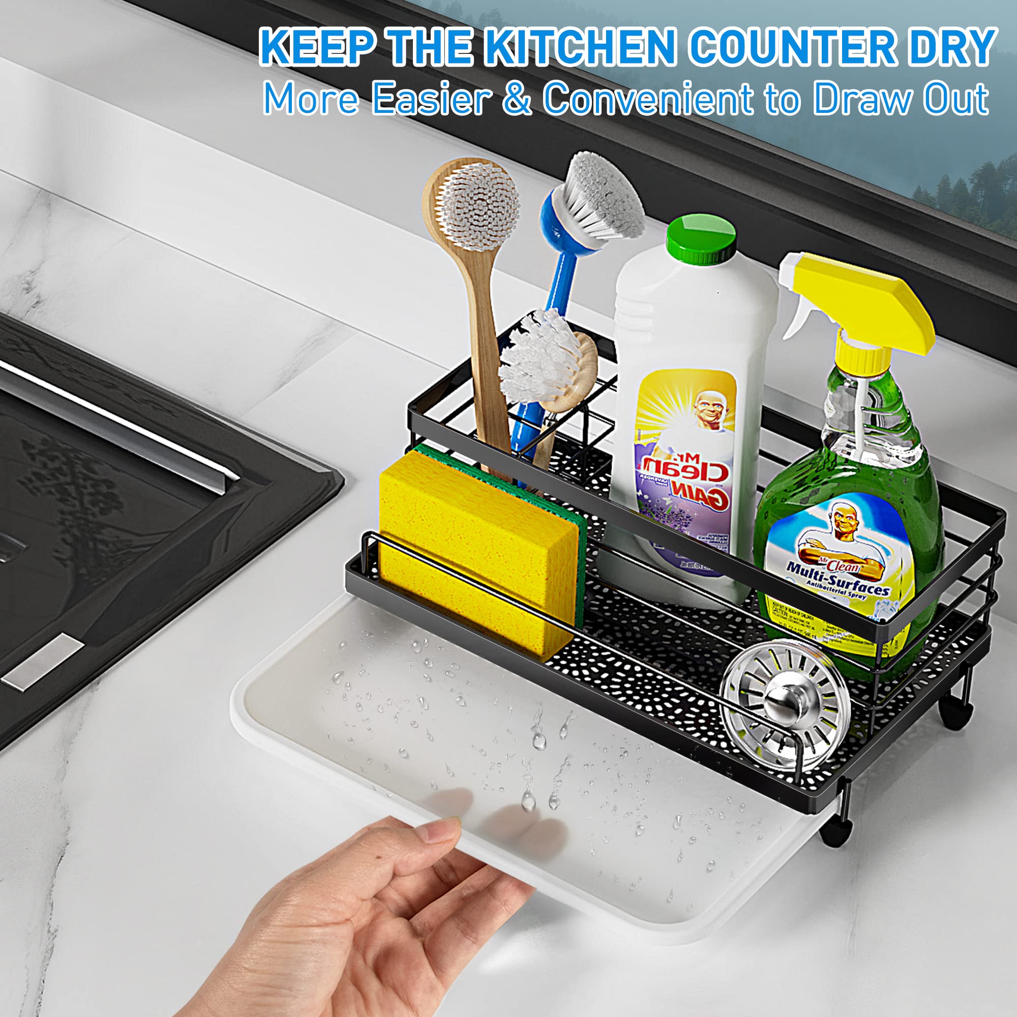 Cisily Sponge Holder for Kitchen, Sink Caddy Organizer, Kitchen Sink Accessories with Drip Tray, Rustproof and Non-slip Kitchen Sink Sponge Holder, Kitchen Essentials for New Home（Matte Black