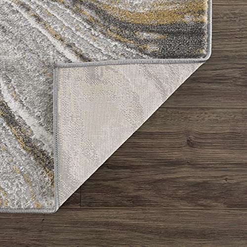 Hauteloom Liverpool Modern Abstract Bedroom Living Room Area Rug - Marble Swirl Pattern - Contemporary Bohemian Farmhouse - Light Grey, Dark Grey, Yellow - 5'3" x 7'