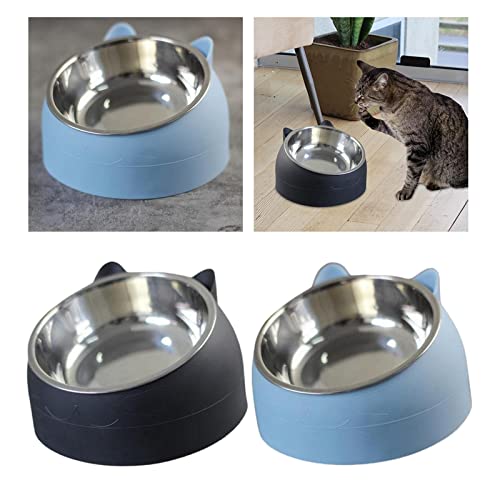 Baoblaze 2X Metal Raised Puppy Cat Dog Bowls Tilted Elevated Water Food Feeder Small Dogs Cats Pet Feeder , Blue Black