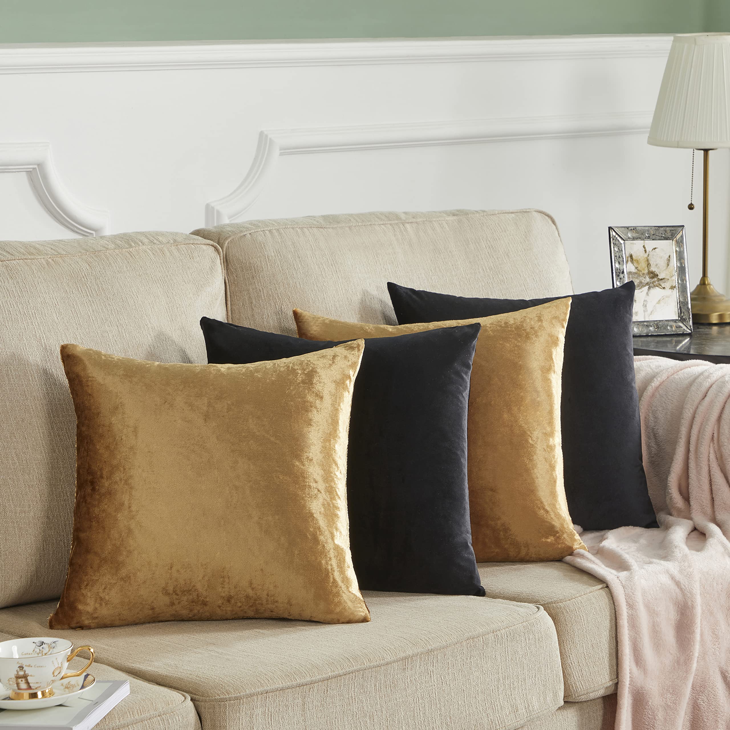 GIGIZAZA Decorative Throw Pillow Covers 18 x 18,Gold Black Soft, Set of 4 Square Velvet Cushion Covers