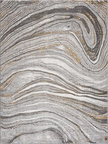 Hauteloom Liverpool Modern Abstract Bedroom Living Room Area Rug - Marble Swirl Pattern - Contemporary Bohemian Farmhouse - Light Grey, Dark Grey, Yellow - 5'3" x 7'