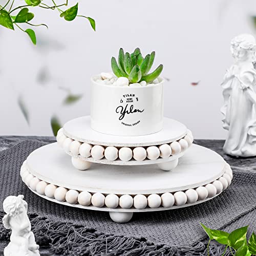 Yookeer 2 Pcs Wooden Risers for Displays Round Wood Riser Distressed Wood Risers Farmhouse Pedestal Display Stand Rustic Pedestal Stand Beaded Decor for Tiered Trays Home(6/ 9.5 Inch,White)