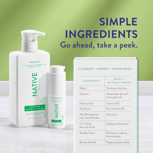 Native Sensitive Skin Bundle - Facial Cleanser (2), Facial Moisturizer (1) and Facial Serum (1) - The Perfect 3-Step Routine for Sensitive Skin