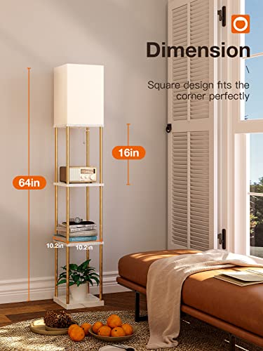 addlon Gold Floor Lamp, 4-Tier Display Floor Lamp with Shelves, LED Floor Lamp with 3CCT Bulb, Modern Floor Lamp for Bedroom, Livingroom and Office - Marble Texture & Gold Frame
