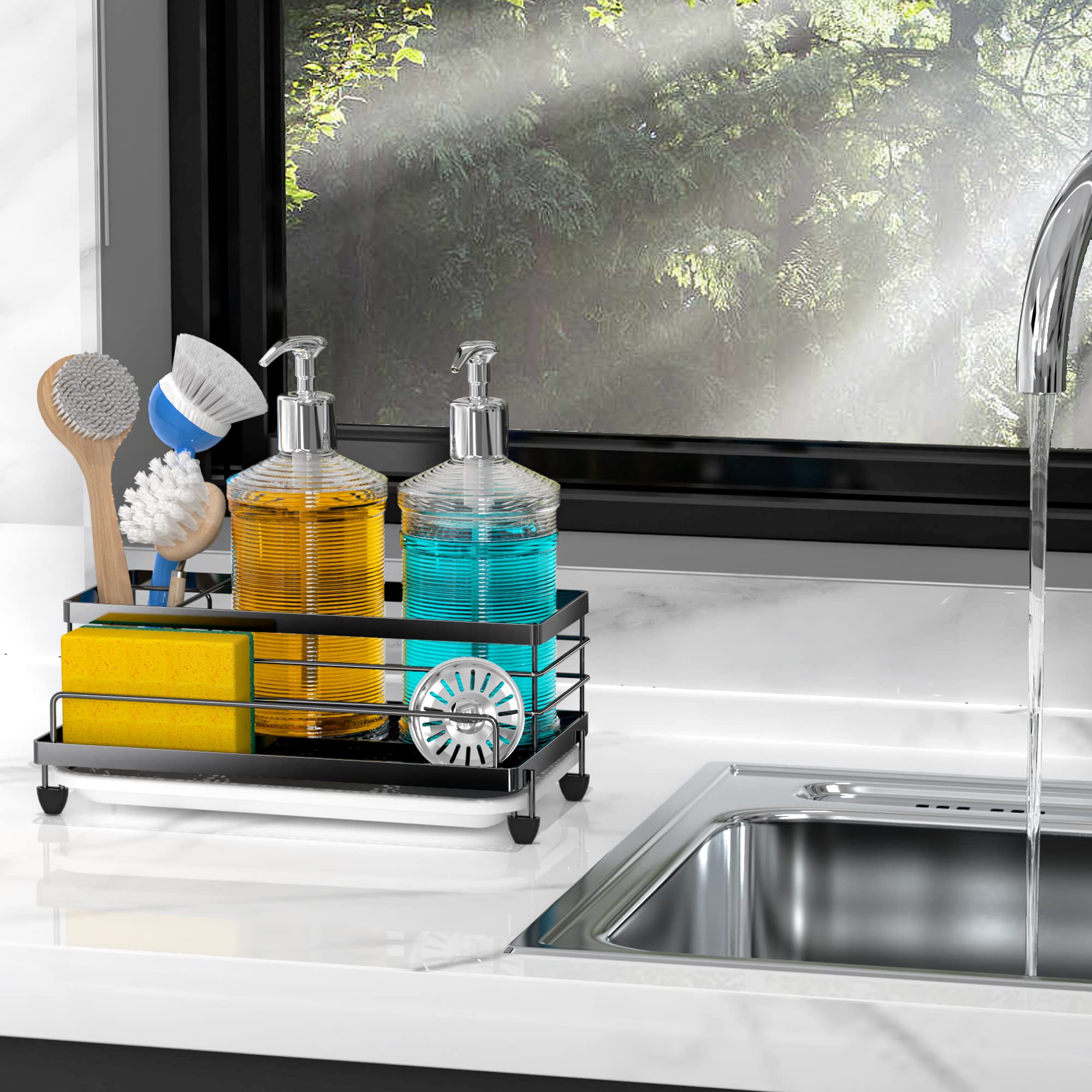 Cisily Sponge Holder for Kitchen, Sink Caddy Organizer, Kitchen Sink Accessories with Drip Tray, Rustproof and Non-slip Kitchen Sink Sponge Holder, Kitchen Essentials for New Home（Matte Black