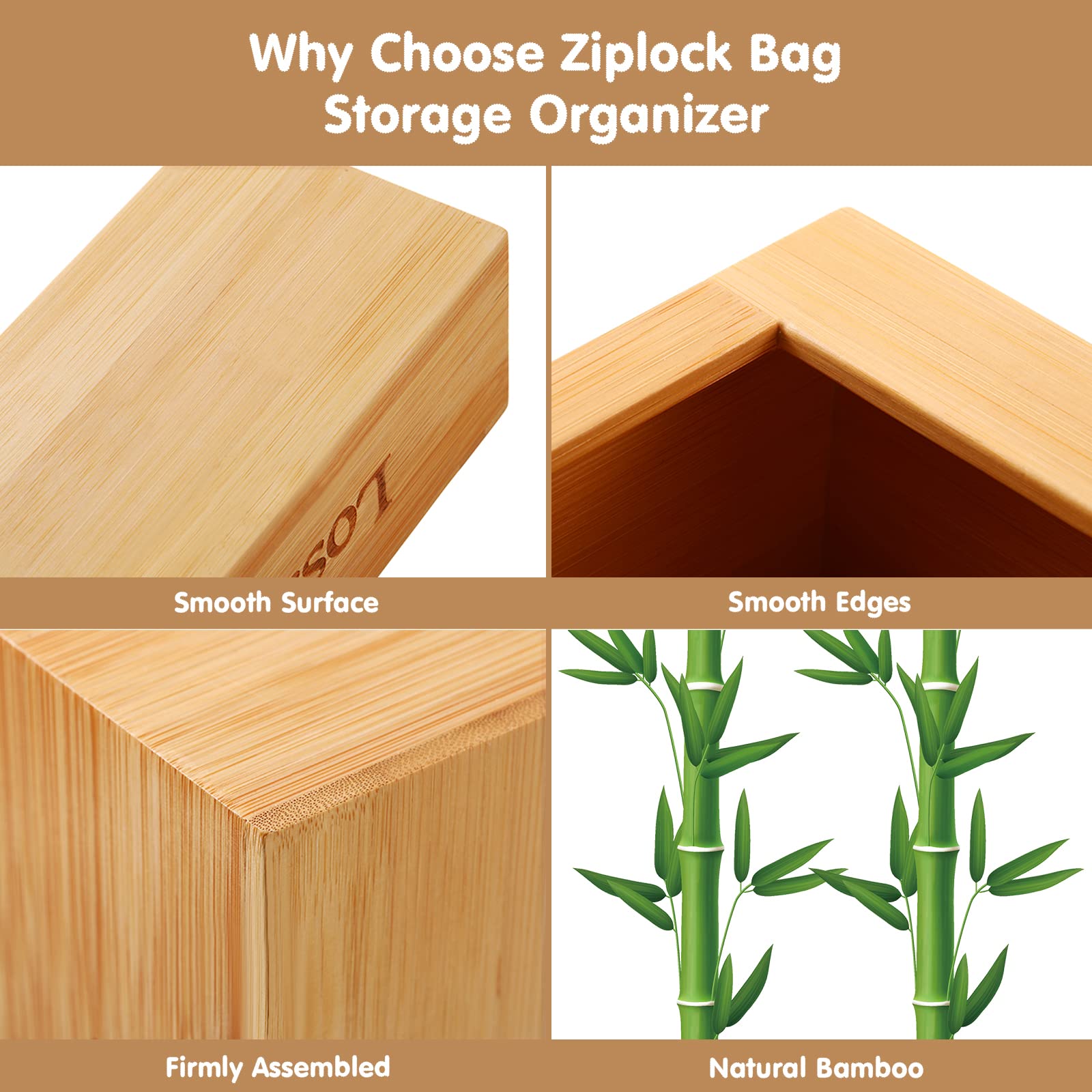Lossey Ziplock Bag Organizer for Drawer, Food Storage Bags Organizer, Plastic Bag Organizer, Bamboo Reusable Baggies Dispenser Container for Gallon Quart Sandwich Snack Quart Slider Sizes