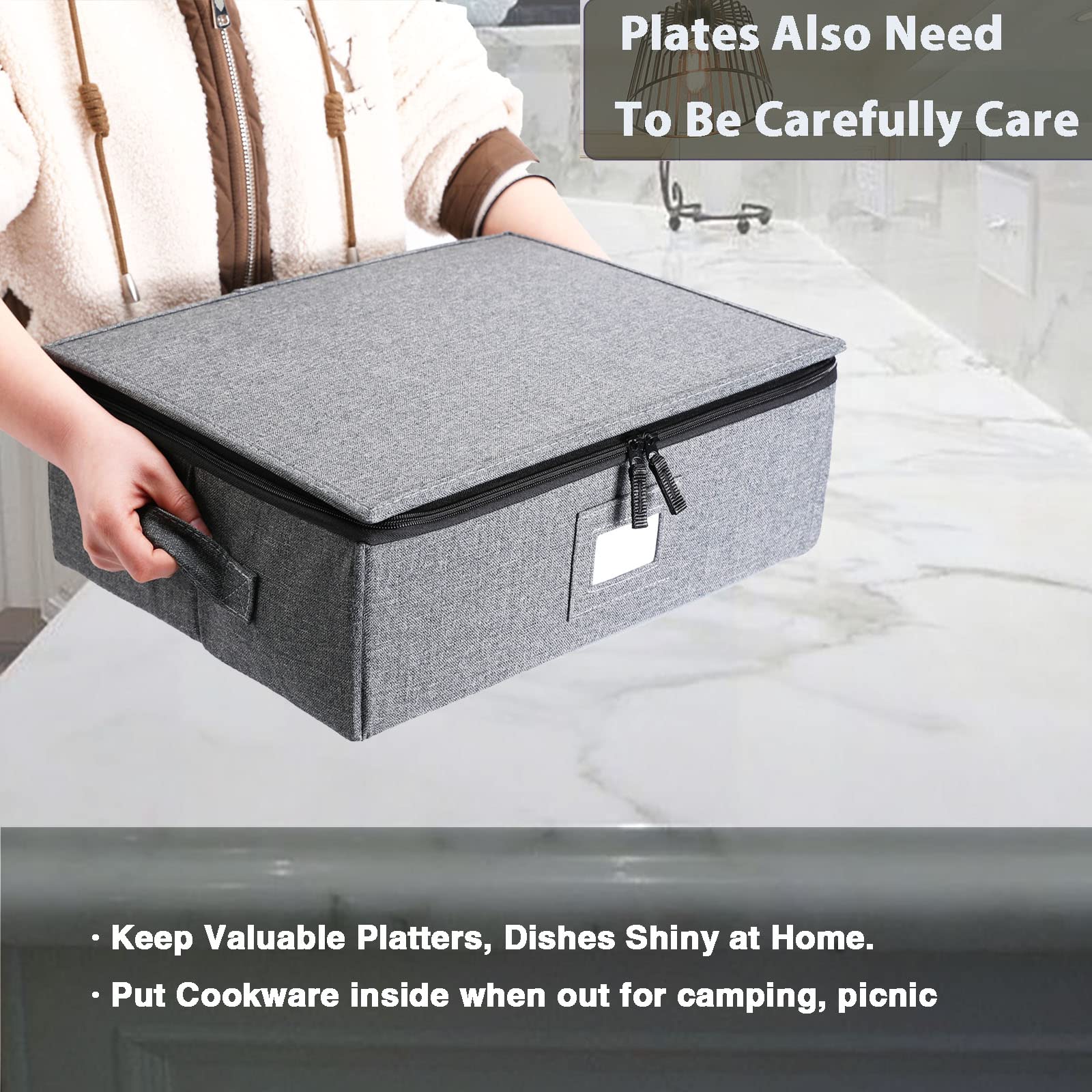 TEYIKA 2 Pcs China Storage Containers, Platter Storage Case Containers, 5.5'' Tall with Hard Shell, Structured Top, Bottom and Sides, 8 Felt Dividers Included(17'' x 13'' x 5.5''), Grey 2 Pack