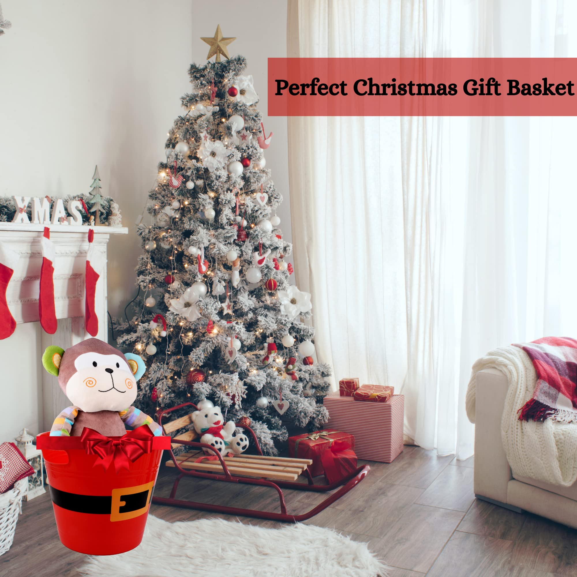 LLE Plastic Buckets with Handles, Red Santa Belt Round Basket, Multi-Purpose Container Decorative Home Kitchen Candy Bars Vase Toy Baskets for Christmas Winter Holiday Party Supplies Set of 4
