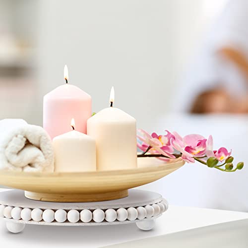 Yookeer 2 Pcs Wooden Risers for Displays Round Wood Riser Distressed Wood Risers Farmhouse Pedestal Display Stand Rustic Pedestal Stand Beaded Decor for Tiered Trays Home(6/ 9.5 Inch,White)