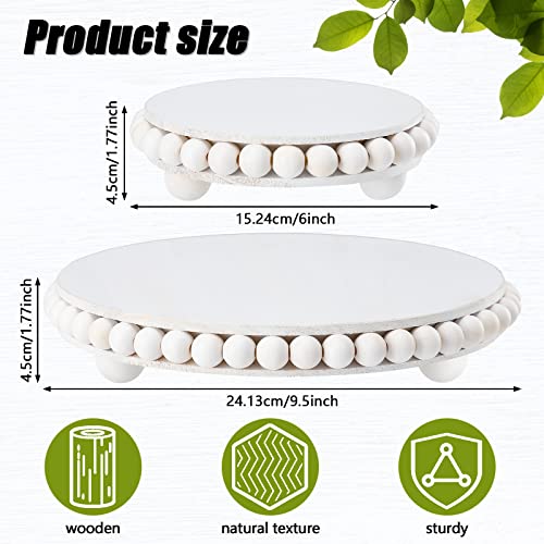 Yookeer 2 Pcs Wooden Risers for Displays Round Wood Riser Distressed Wood Risers Farmhouse Pedestal Display Stand Rustic Pedestal Stand Beaded Decor for Tiered Trays Home(6/ 9.5 Inch,White)