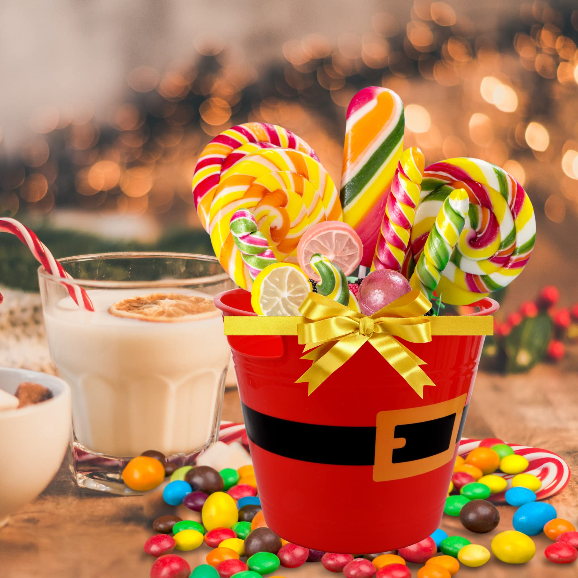 LLE Plastic Buckets with Handles, Red Santa Belt Round Basket, Multi-Purpose Container Decorative Home Kitchen Candy Bars Vase Toy Baskets for Christmas Winter Holiday Party Supplies Set of 4