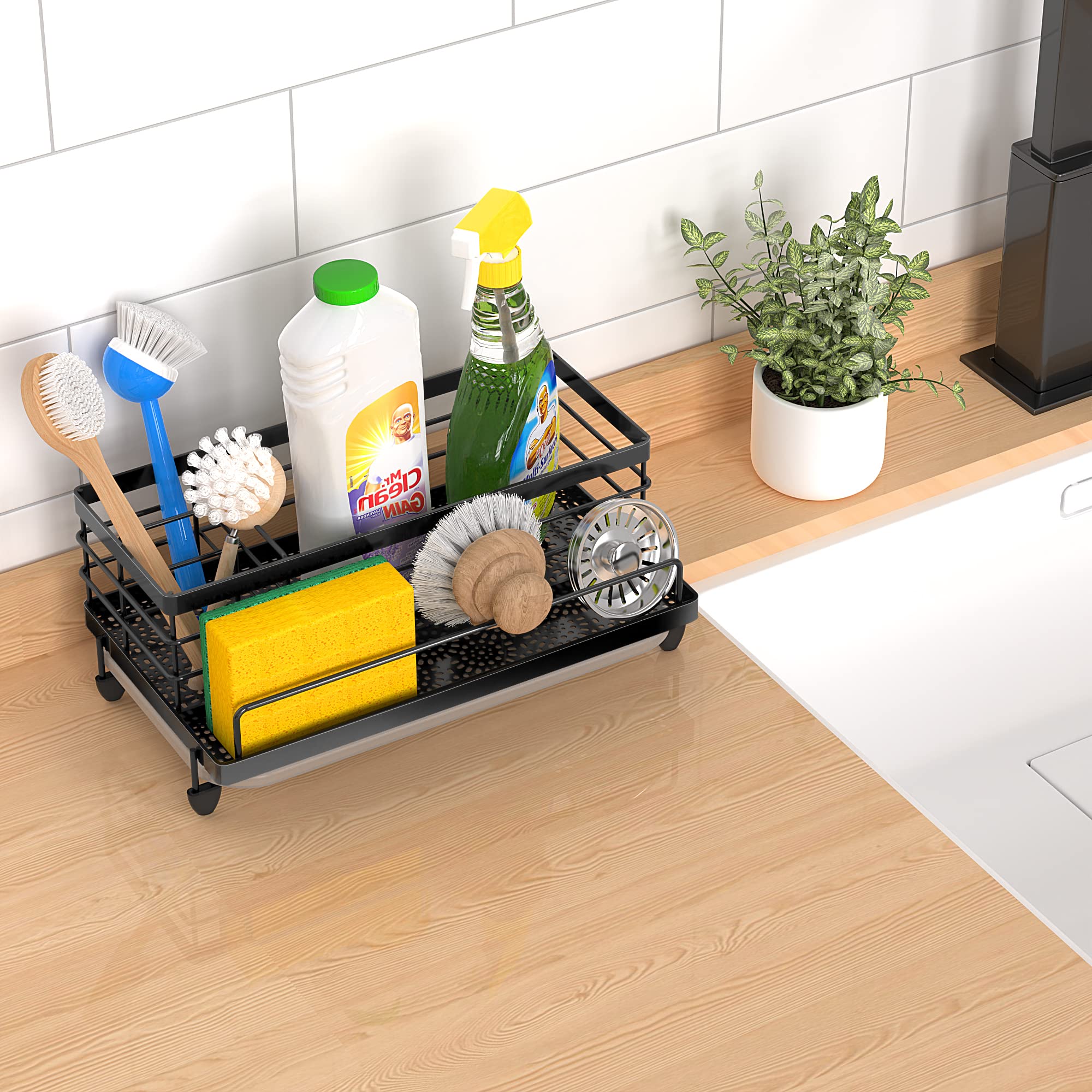 Cisily Sponge Holder for Kitchen, Sink Caddy Organizer, Kitchen Sink Accessories with Drip Tray, Rustproof and Non-slip Kitchen Sink Sponge Holder, Kitchen Essentials for New Home（Matte Black