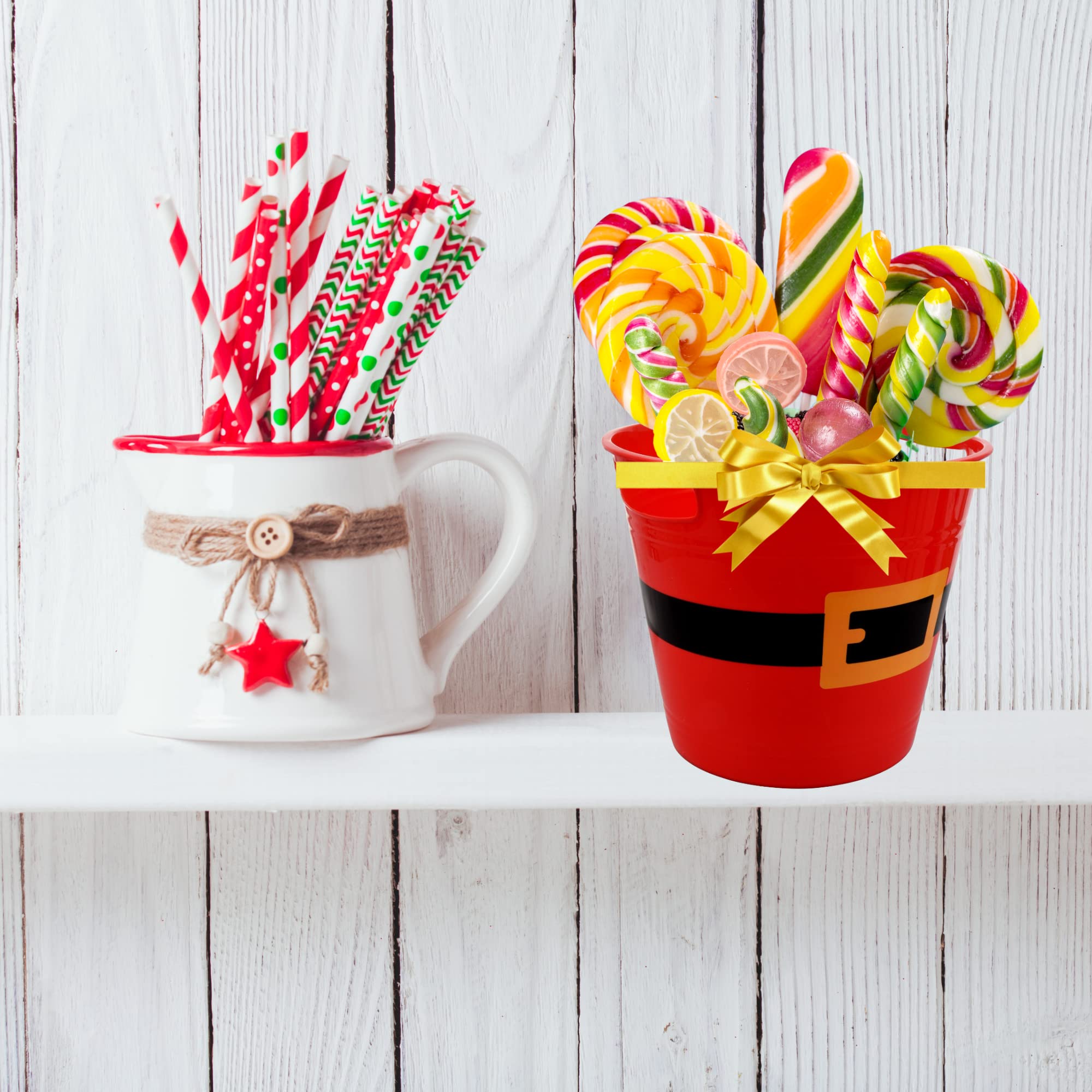 LLE Plastic Buckets with Handles, Red Santa Belt Round Basket, Multi-Purpose Container Decorative Home Kitchen Candy Bars Vase Toy Baskets for Christmas Winter Holiday Party Supplies Set of 4