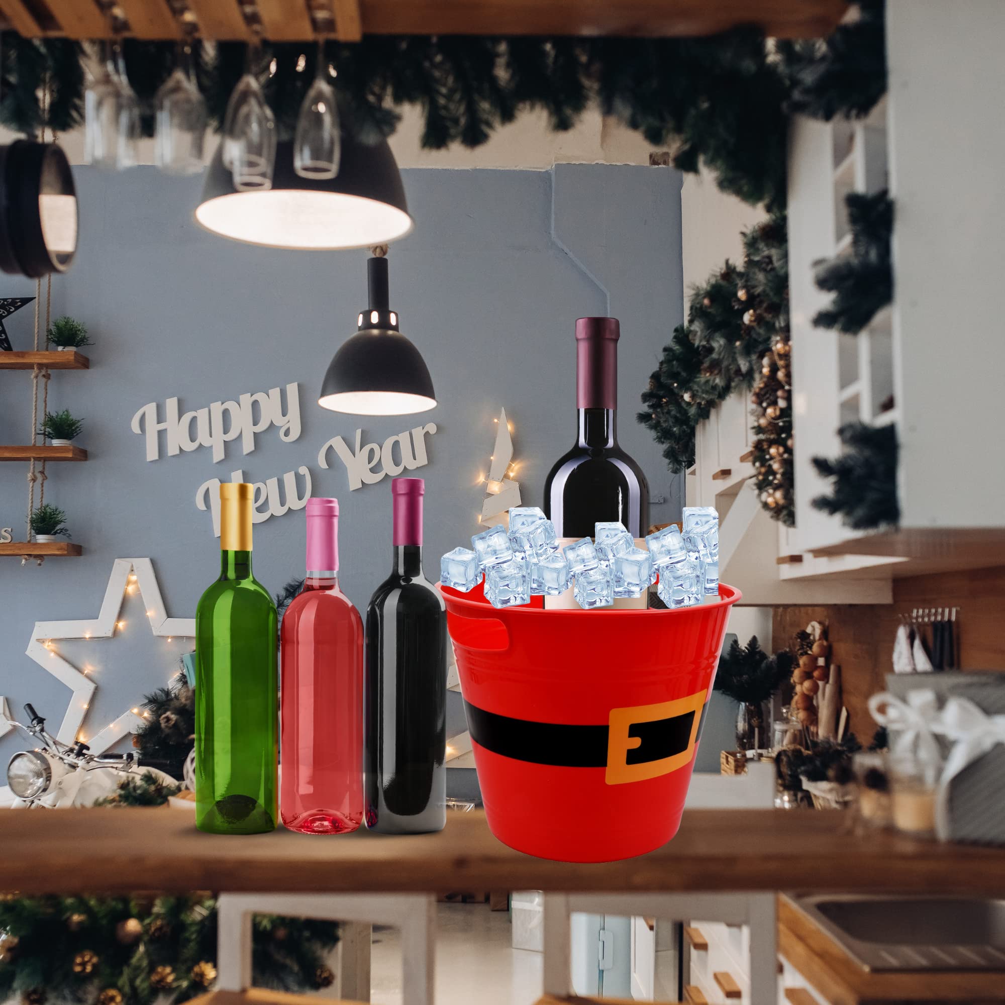LLE Plastic Buckets with Handles, Red Santa Belt Round Basket, Multi-Purpose Container Decorative Home Kitchen Candy Bars Vase Toy Baskets for Christmas Winter Holiday Party Supplies Set of 4