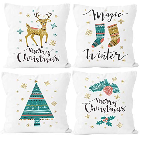 Scceatti Christmas Throw Pillow Covers 4 Pack 18x18 in Cotton Farmhouse Pillow Cover with Zipper Deer Reindeer Aesthetic Theme Fashion Pillow Cases Protector for Couch Bed Living Room Decor Gifts