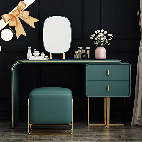 FUKAYI Dresser Table Vanity Modern Vanity Desk Table Set with Mirror Makeup and Drawer Vanity for Girl Bedroom Adult Vintage Vanity Table with Lighted Mirror Makeup Desk Dresser with Mirror and Lights