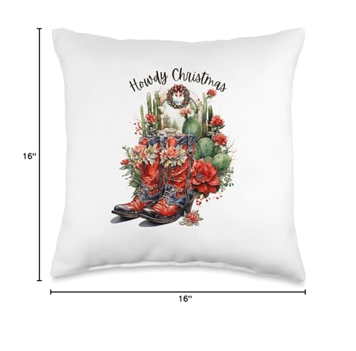CHRISTMAS XMAS FUN WESTERN WINTER SEASON DESIGN, XMAS, HOWDY CHRISTMAS, BLACK, COWBOY BOOTS Throw Pillow, 16x16, Multicolor