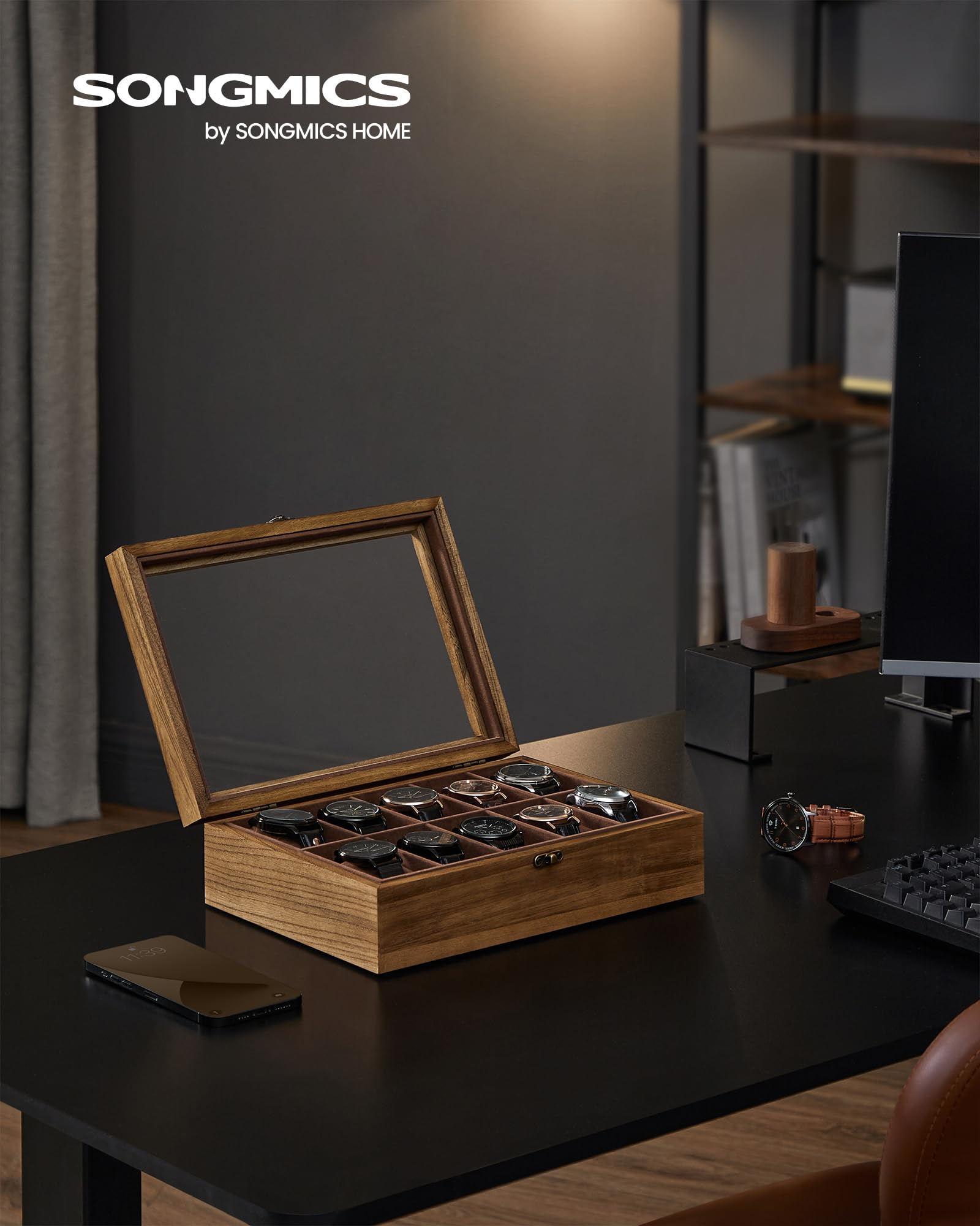 SONGMICS Watch Box, 10-Slot Watch Case, Solid Wood Watch Box Organizer with Glass Lid, Watch Display Case with Removable Pillows, Gift for Loved Ones, Rustic Walnut UJOW100K01
