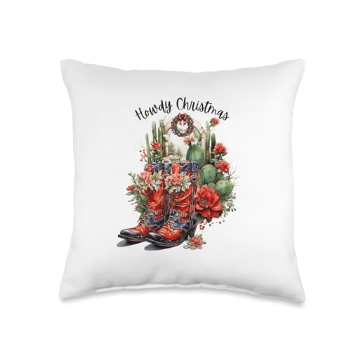 CHRISTMAS XMAS FUN WESTERN WINTER SEASON DESIGN, XMAS, HOWDY CHRISTMAS, BLACK, COWBOY BOOTS Throw Pillow, 16x16, Multicolor
