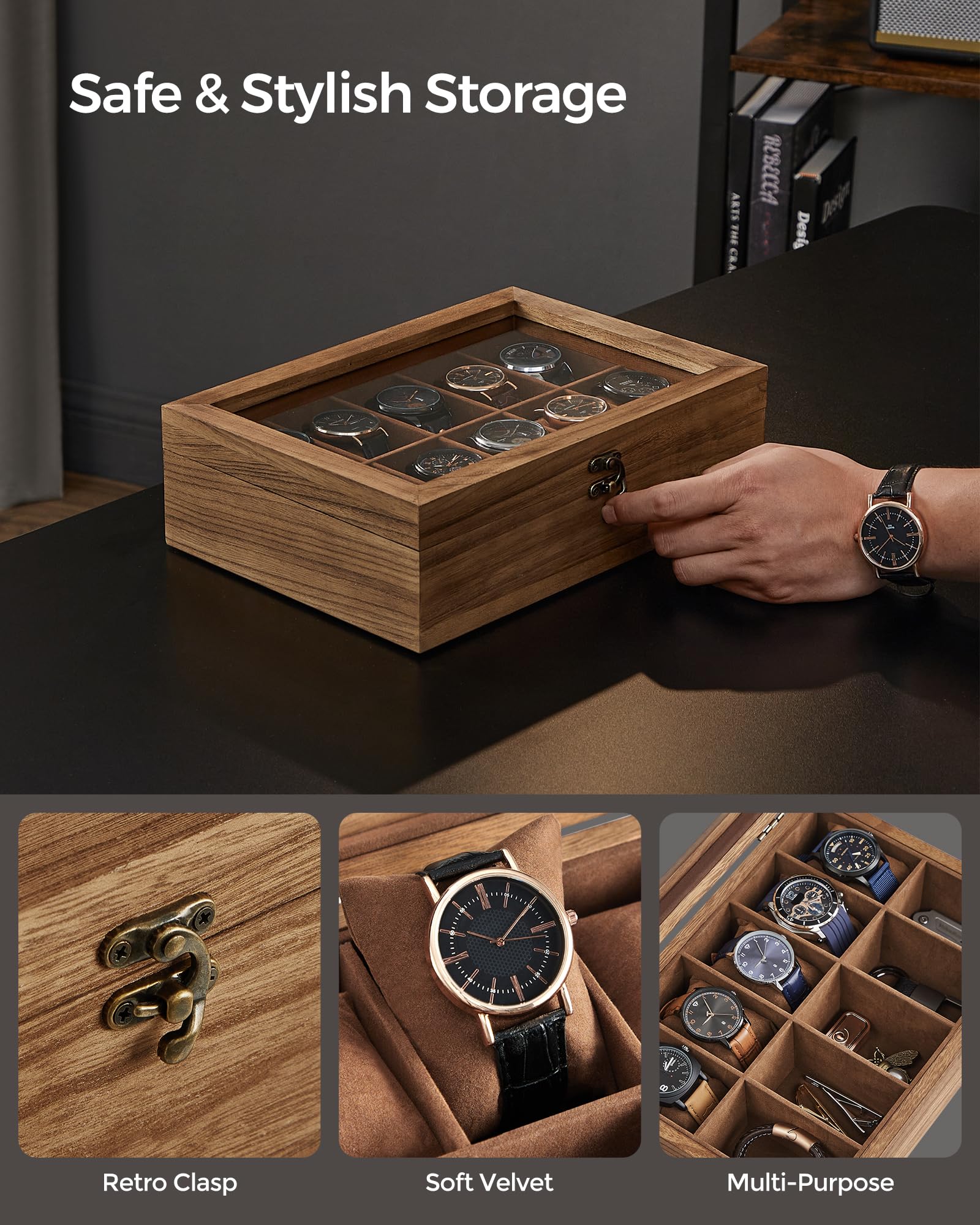 SONGMICS Watch Box, 10-Slot Watch Case, Solid Wood Watch Box Organizer with Glass Lid, Watch Display Case with Removable Pillows, Gift for Loved Ones, Rustic Walnut UJOW100K01