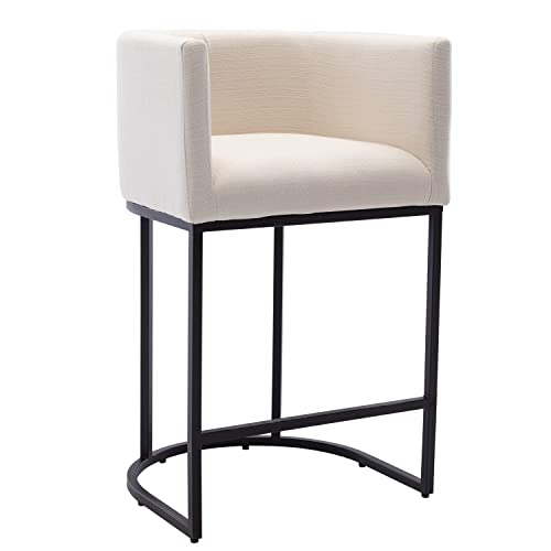 RIVOVA Contemporary Cream Linen Bar Stool, 29" Upholstered Fabric Counter Height Barstool Kitchen Counter Island Stool with Black Metal Base