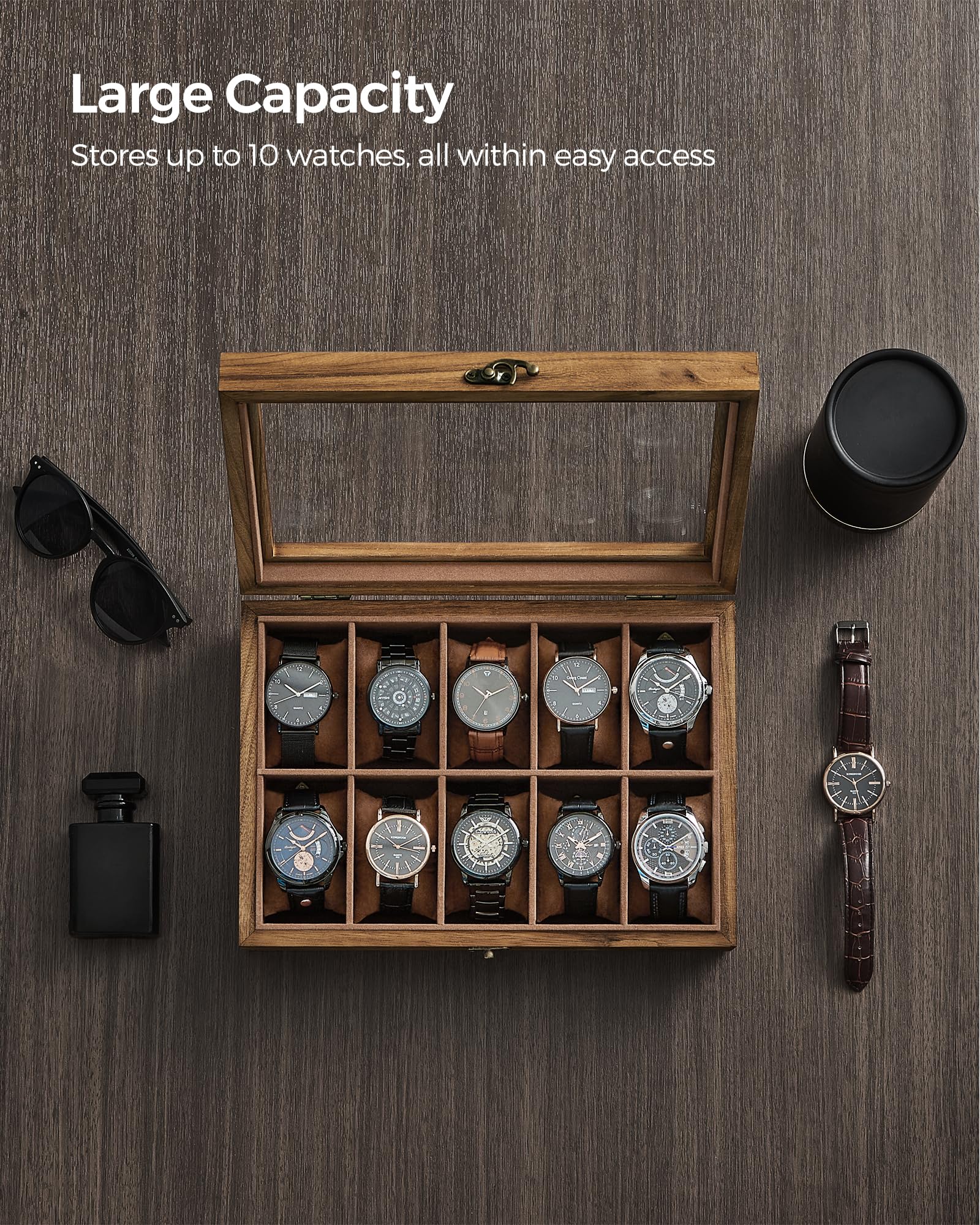 SONGMICS Watch Box, 10-Slot Watch Case, Solid Wood Watch Box Organizer with Glass Lid, Watch Display Case with Removable Pillows, Gift for Loved Ones, Rustic Walnut UJOW100K01