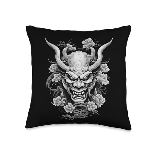 Traditional Japan Tattoo Men Women Boys Girls Tees Vintage Oni Demon Japanese Devil Hannya Mask Black and White Throw Pillow, 16x16, Multicolor