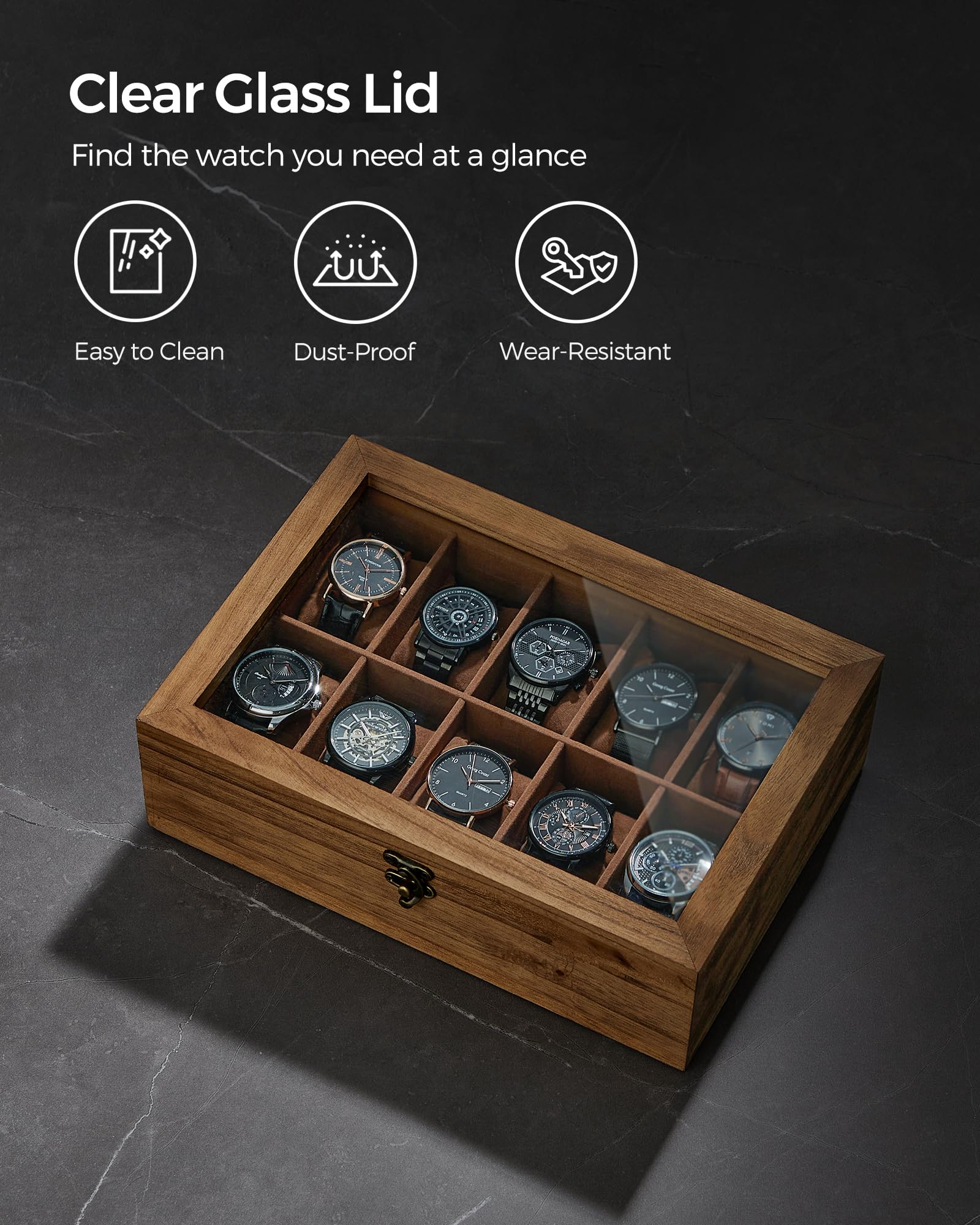 SONGMICS Watch Box, 10-Slot Watch Case, Solid Wood Watch Box Organizer with Glass Lid, Watch Display Case with Removable Pillows, Gift for Loved Ones, Rustic Walnut UJOW100K01