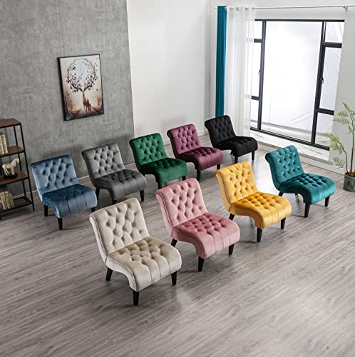 Velvet Accent Lounge Chair for Living Room, Modern Leisure Chair with Tufted Backrest, Indoor Armless Side Chair, Upholstered Bedroom Sleeper Chair with Solid Wood Legs, Grey