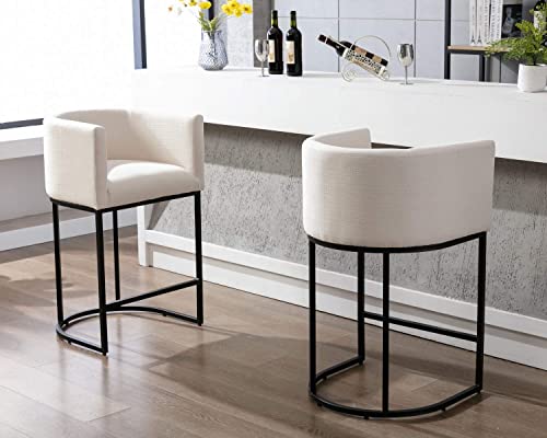 RIVOVA Contemporary Cream Linen Bar Stool, 29" Upholstered Fabric Counter Height Barstool Kitchen Counter Island Stool with Black Metal Base