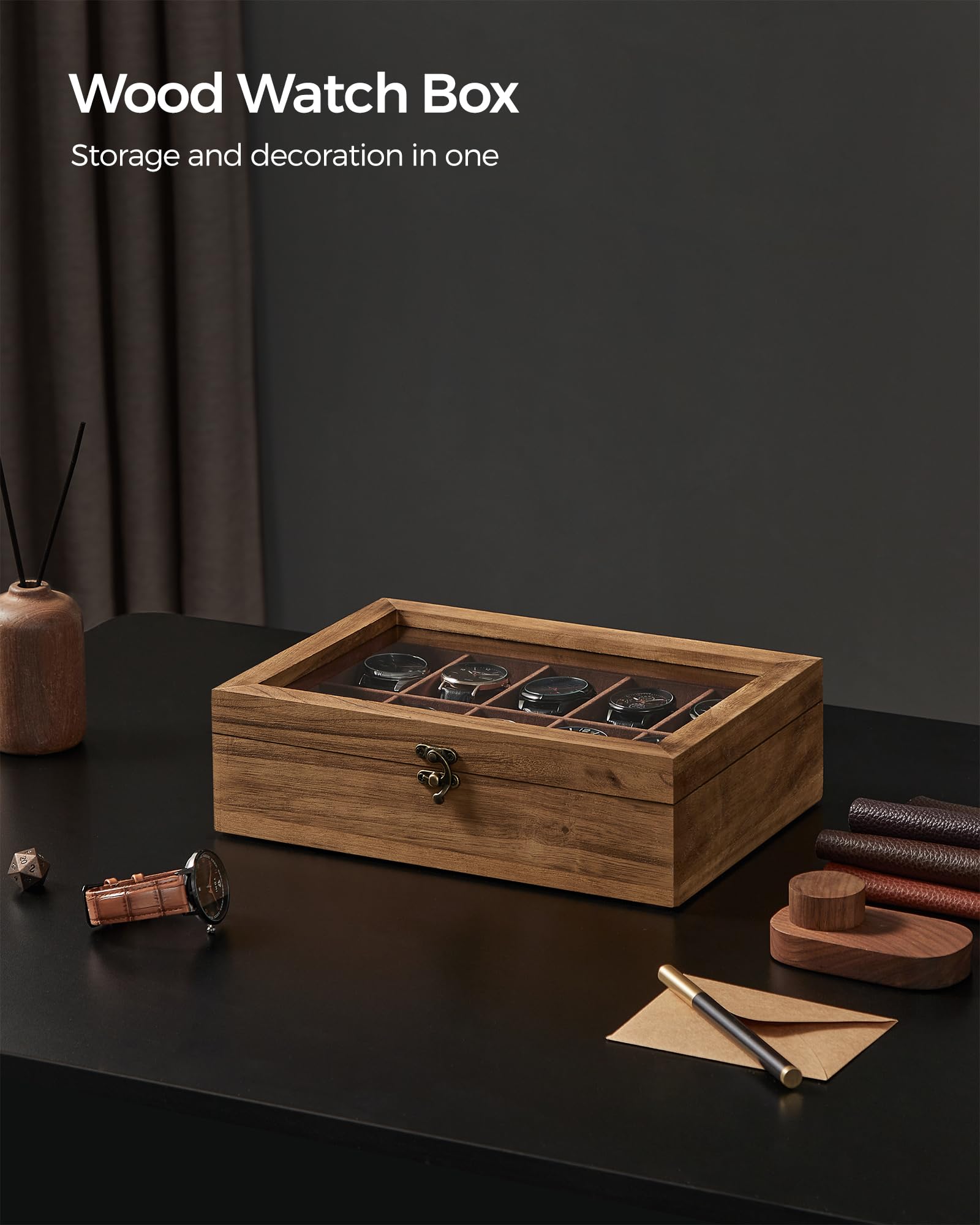 SONGMICS Watch Box, 10-Slot Watch Case, Solid Wood Watch Box Organizer with Glass Lid, Watch Display Case with Removable Pillows, Gift for Loved Ones, Rustic Walnut UJOW100K01