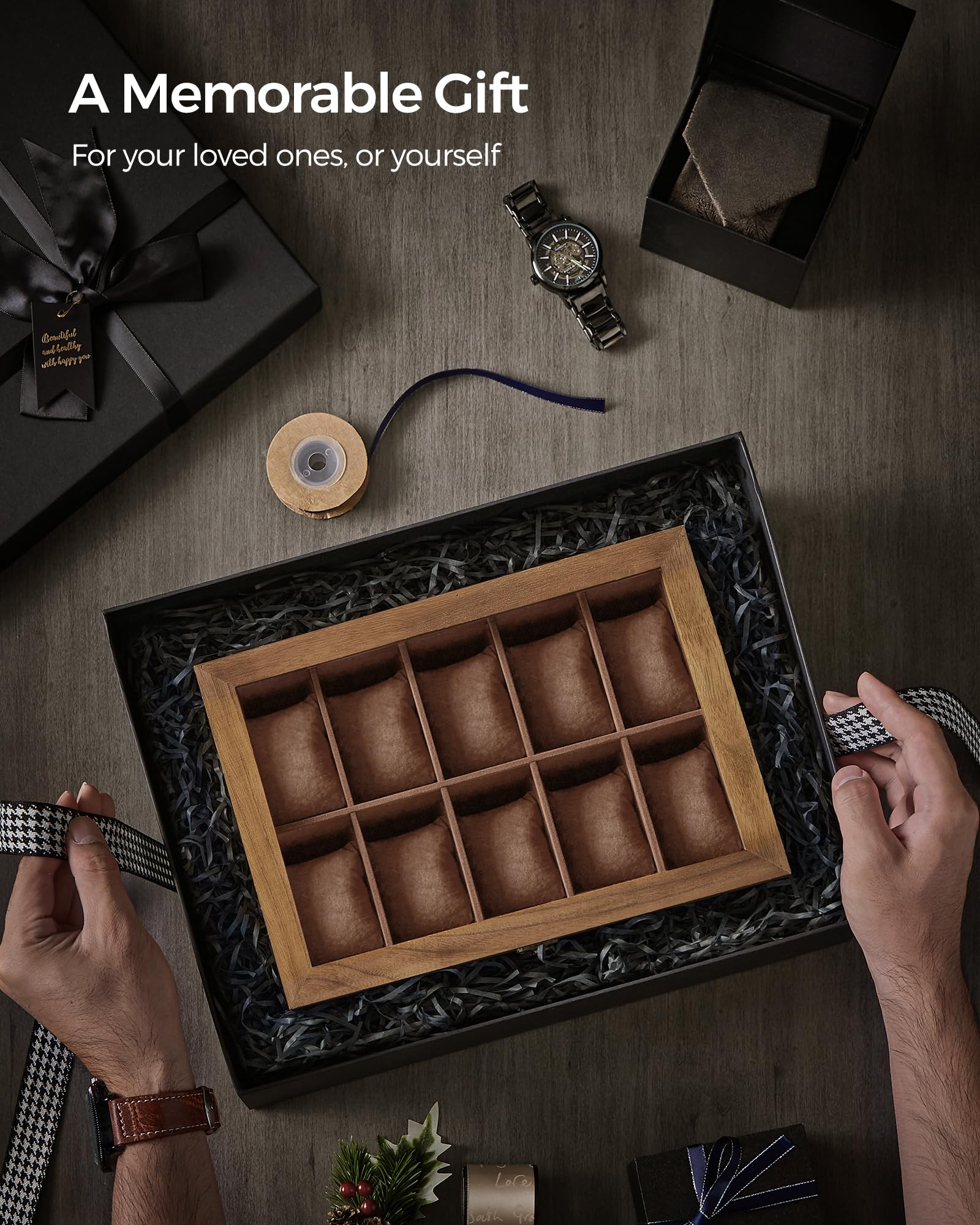 SONGMICS Watch Box, 10-Slot Watch Case, Solid Wood Watch Box Organizer with Glass Lid, Watch Display Case with Removable Pillows, Gift for Loved Ones, Rustic Walnut UJOW100K01
