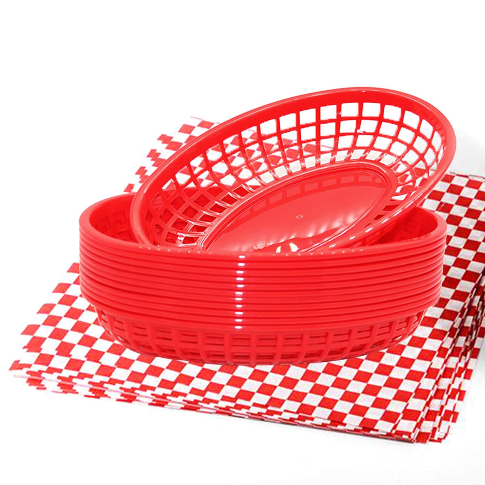 FEOOWV Retro Style Fast Food Basket (12Pk) and Checkered Deli Liner (100 Pk) Combo. Fast Food Basket Are Dishwasher Safe. Disposable Deli Paper Squares for Easy Cleanup (Red)