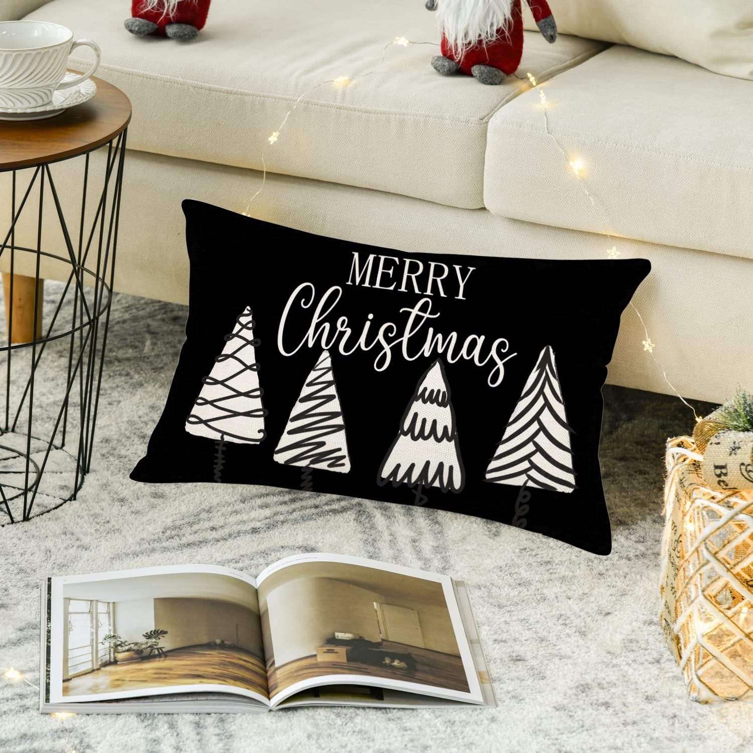 Black Merry Christmas Pillow Cover 12x20 Inch Xmas Pine Tree Lumbar Pillows Simple Throw Pillow Covers Holiday Home Decor Pillowcase Winter Farmhouse Seasonal Rectangle Cushion Case for Bed Couch Sofa