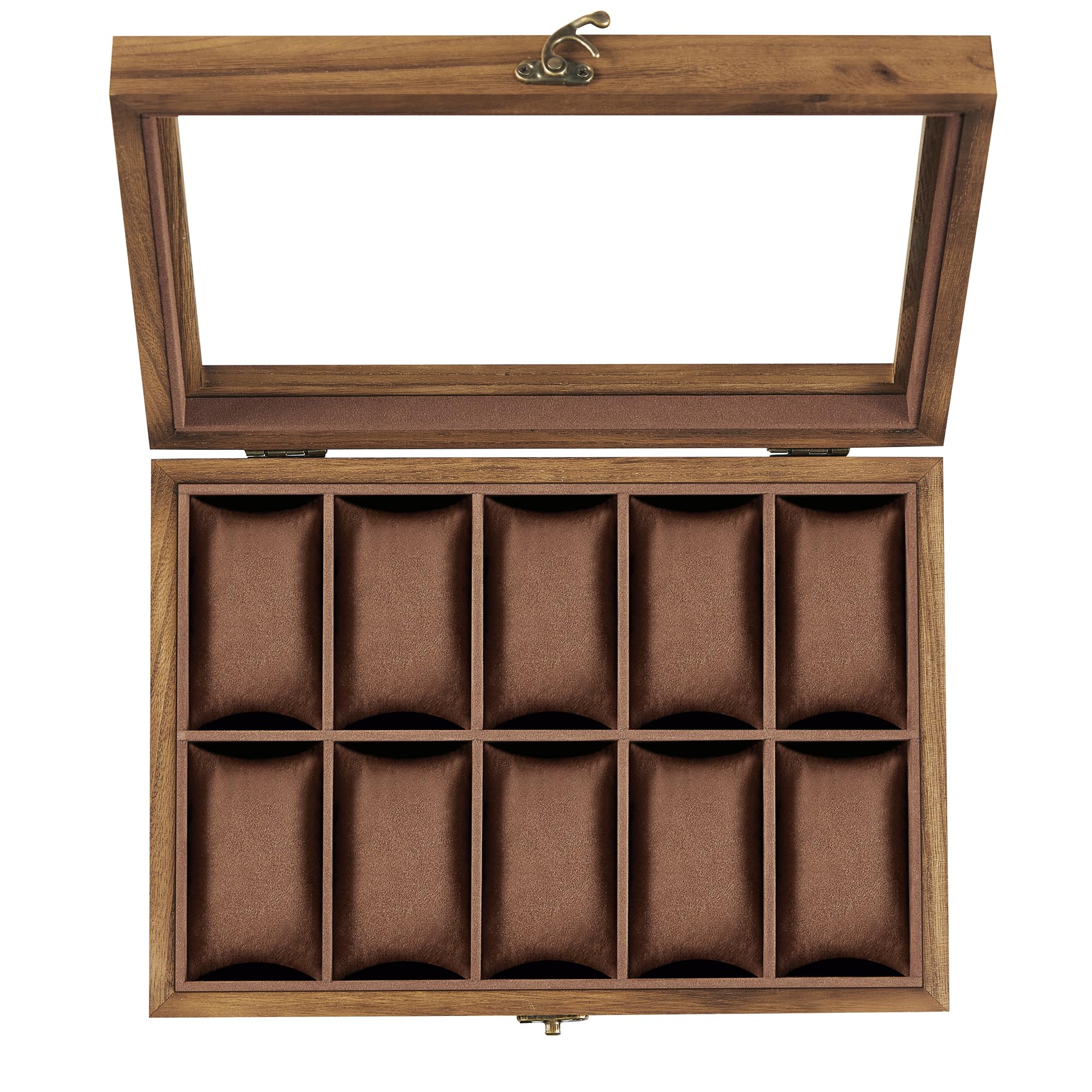 SONGMICS Watch Box, 10-Slot Watch Case, Solid Wood Watch Box Organizer with Glass Lid, Watch Display Case with Removable Pillows, Gift for Loved Ones, Rustic Walnut UJOW100K01