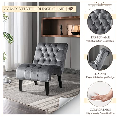 Velvet Accent Lounge Chair for Living Room, Modern Leisure Chair with Tufted Backrest, Indoor Armless Side Chair, Upholstered Bedroom Sleeper Chair with Solid Wood Legs, Grey