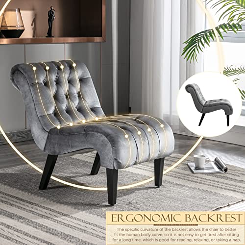 Velvet Accent Lounge Chair for Living Room, Modern Leisure Chair with Tufted Backrest, Indoor Armless Side Chair, Upholstered Bedroom Sleeper Chair with Solid Wood Legs, Grey