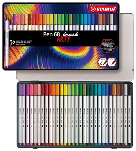 STABILO Premium Fiber-Tip Pen with Brush Tip Pen 68 brush ARTY - Tin of 30 - Assorted Colors