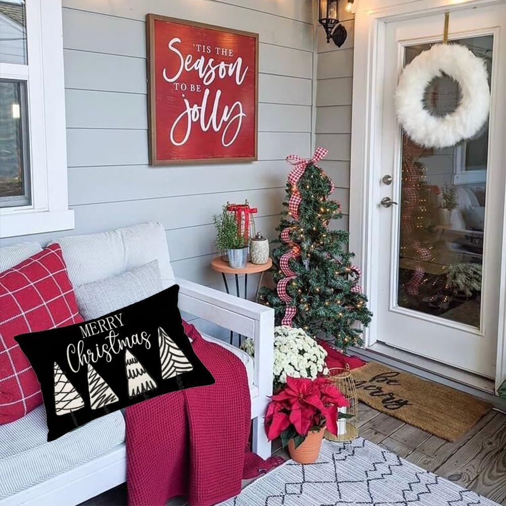 Black Merry Christmas Pillow Cover 12x20 Inch Xmas Pine Tree Lumbar Pillows Simple Throw Pillow Covers Holiday Home Decor Pillowcase Winter Farmhouse Seasonal Rectangle Cushion Case for Bed Couch Sofa