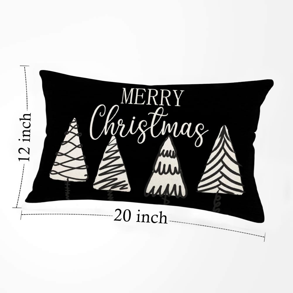 Black Merry Christmas Pillow Cover 12x20 Inch Xmas Pine Tree Lumbar Pillows Simple Throw Pillow Covers Holiday Home Decor Pillowcase Winter Farmhouse Seasonal Rectangle Cushion Case for Bed Couch Sofa