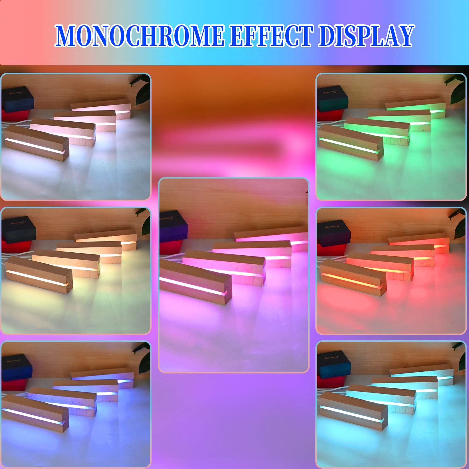 EATAKWARD 4 Pcs 5.9" Wood Rectangle Light Display Pedestal, Wooden LED Display Base Dimmable Colorful Lights Lamp Stand with USB Cable for Acrylic, Crystal, Night Light, Glass Resin Art