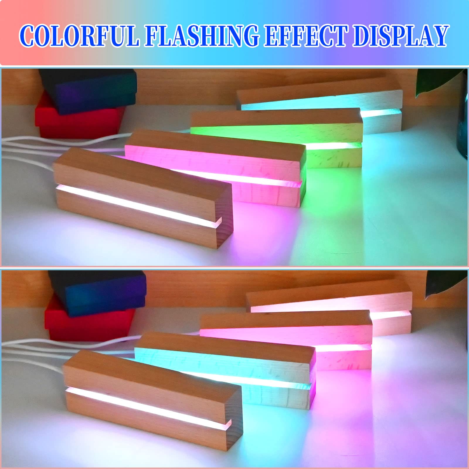 EATAKWARD 4 Pcs 5.9" Wood Rectangle Light Display Pedestal, Wooden LED Display Base Dimmable Colorful Lights Lamp Stand with USB Cable for Acrylic, Crystal, Night Light, Glass Resin Art