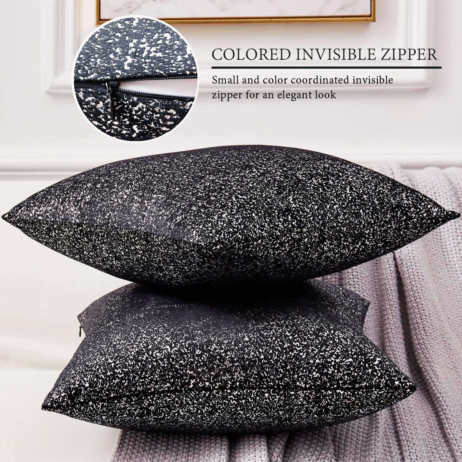 EUCIOR Black and Silver Pillow Covers,Black Pillow Covers 24x24,Light Silver Pillows Both Sides Sparkle Silver Foil Print,Decor Soft Velvet Hidden Zipper Closure Accent Pillows Set of 2