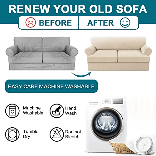3 Pieces Sofa Covers T Cushion Sofa Slipcovers for 2 Cushion Couch Stretch Couch Cover Soft Sofa Slip Cover Furniture Covers with 2 Individual T Cushion Seat Covers (2 Cushion Sofa, Biscotti Beige)