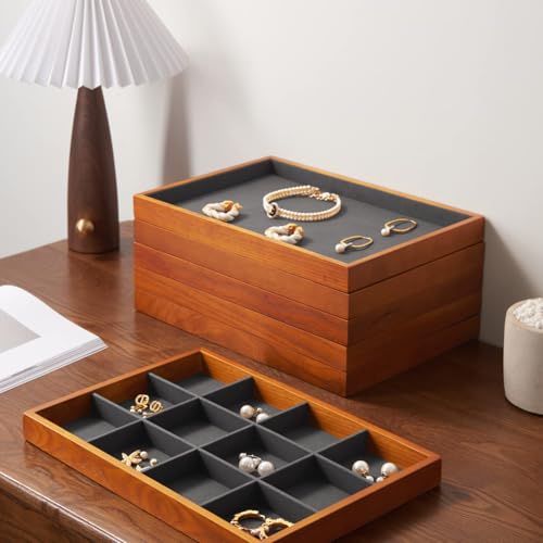 Oirlv Wood 13 Grids Necklace/Bracelet/Pendant Display Tray Jewelry Drawer Organizer Stackable Jewelry Trays(Grey)