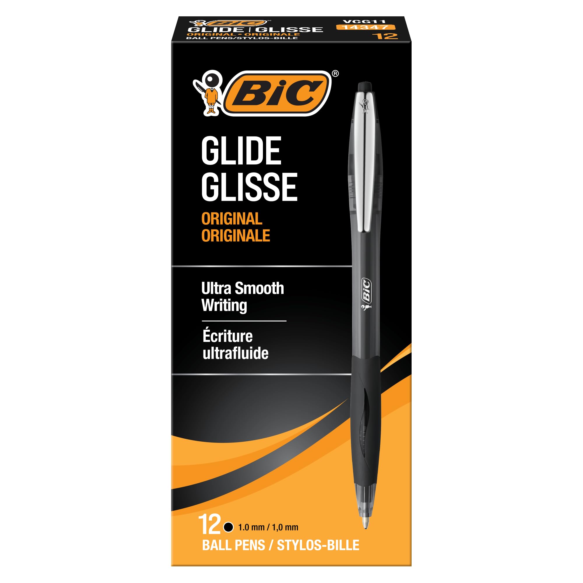 BIC Glide Retractable Ball Pens, Medium Point (1.0 mm), Black, Comfortable Rubber Grip For Writing, 12-Count Pack (VCG11-BLK)