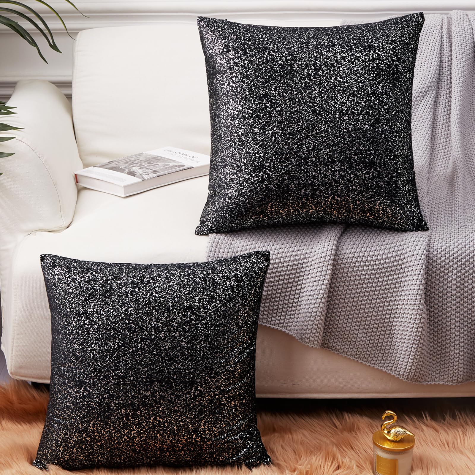 EUCIOR Black and Silver Pillow Covers,Black Pillow Covers 24x24,Light Silver Pillows Both Sides Sparkle Silver Foil Print,Decor Soft Velvet Hidden Zipper Closure Accent Pillows Set of 2
