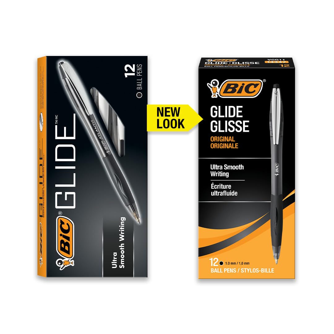 BIC Glide Retractable Ball Pens, Medium Point (1.0 mm), Black, Comfortable Rubber Grip For Writing, 12-Count Pack (VCG11-BLK)