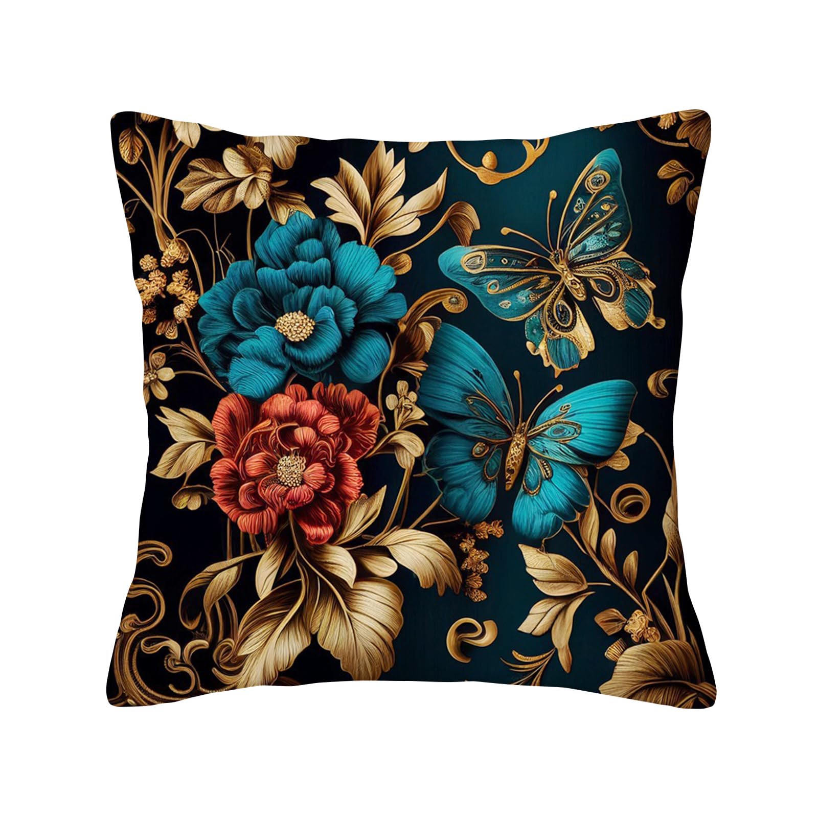 Yioniii Beautiful Gold Flowers and Butterflies,Printed Pillows Case Soft Throw Pillow Printing Couch Pillowcase Square 16 x 16in,Black and Gold